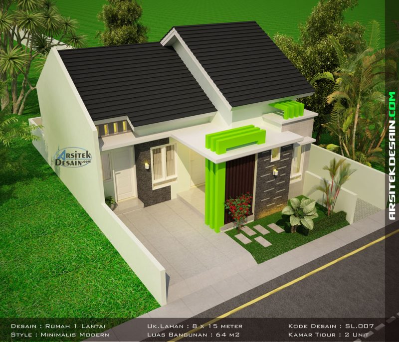 Desain Rumah 1 Lantai Type 64 Lebar 8 Meter Minimalis - Arsitek Desain